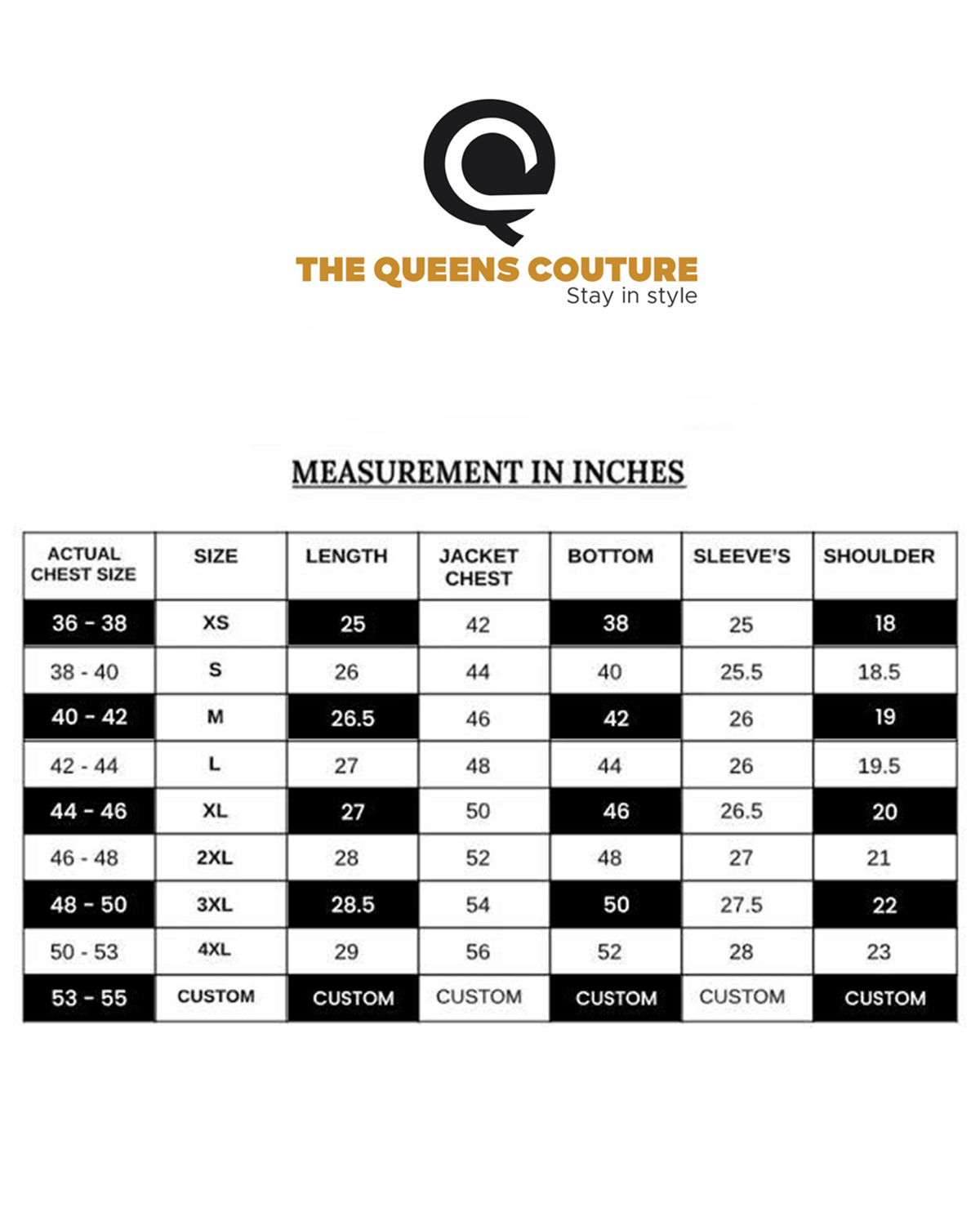 Size Chart – Queens Couture